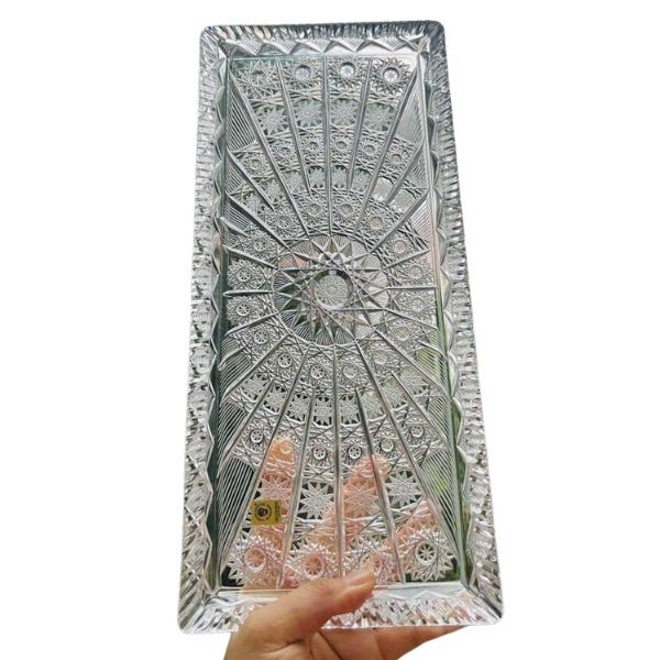 Khay pha lê mài Bohemia 40 x 17cm hình chữ nhật họa tiết hoa tuyết