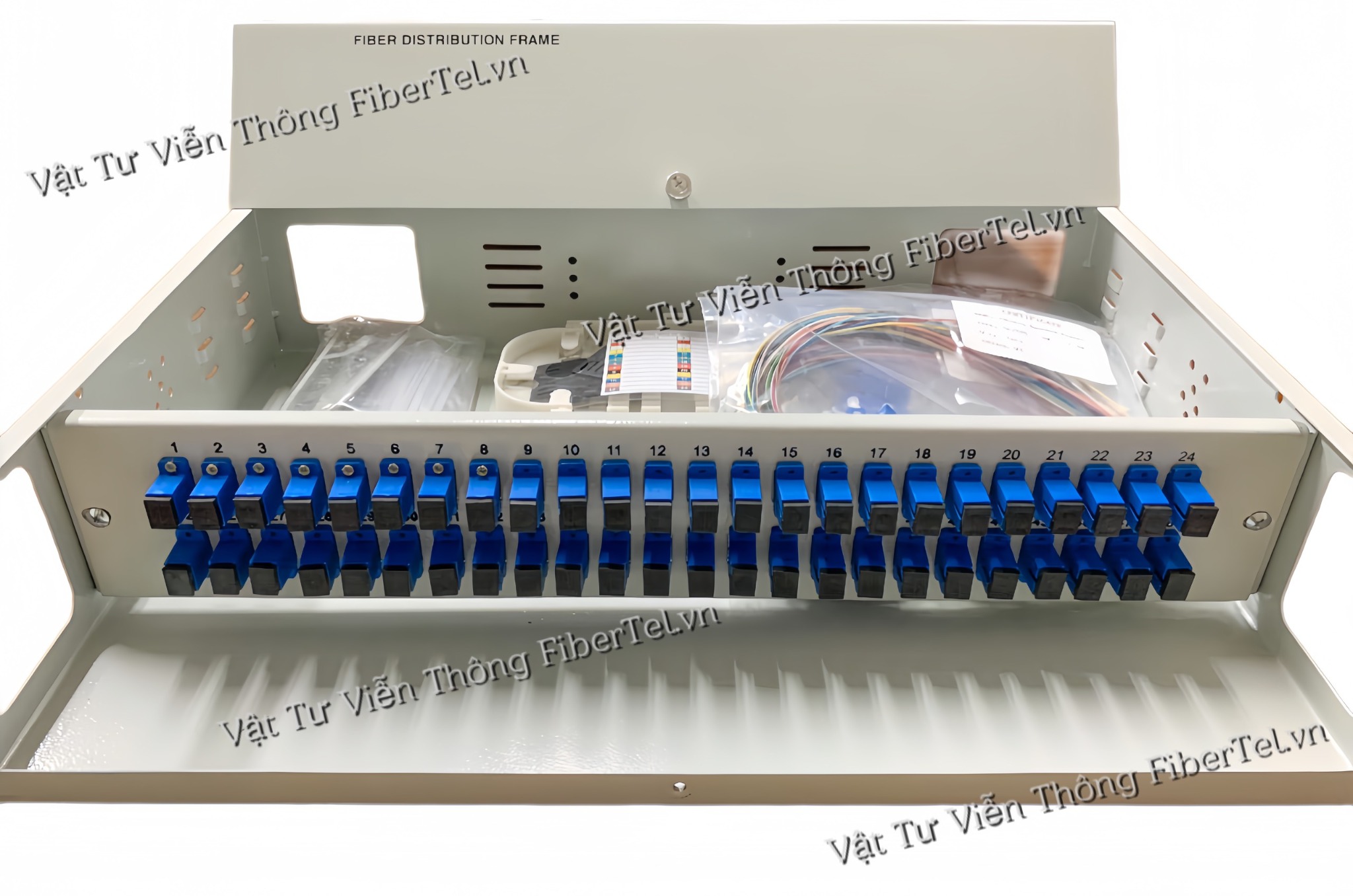 ODF 48Fo indoor sắt chuẩn SC/UPC ( single mode, simplex Full phụ kiện – FiberTel