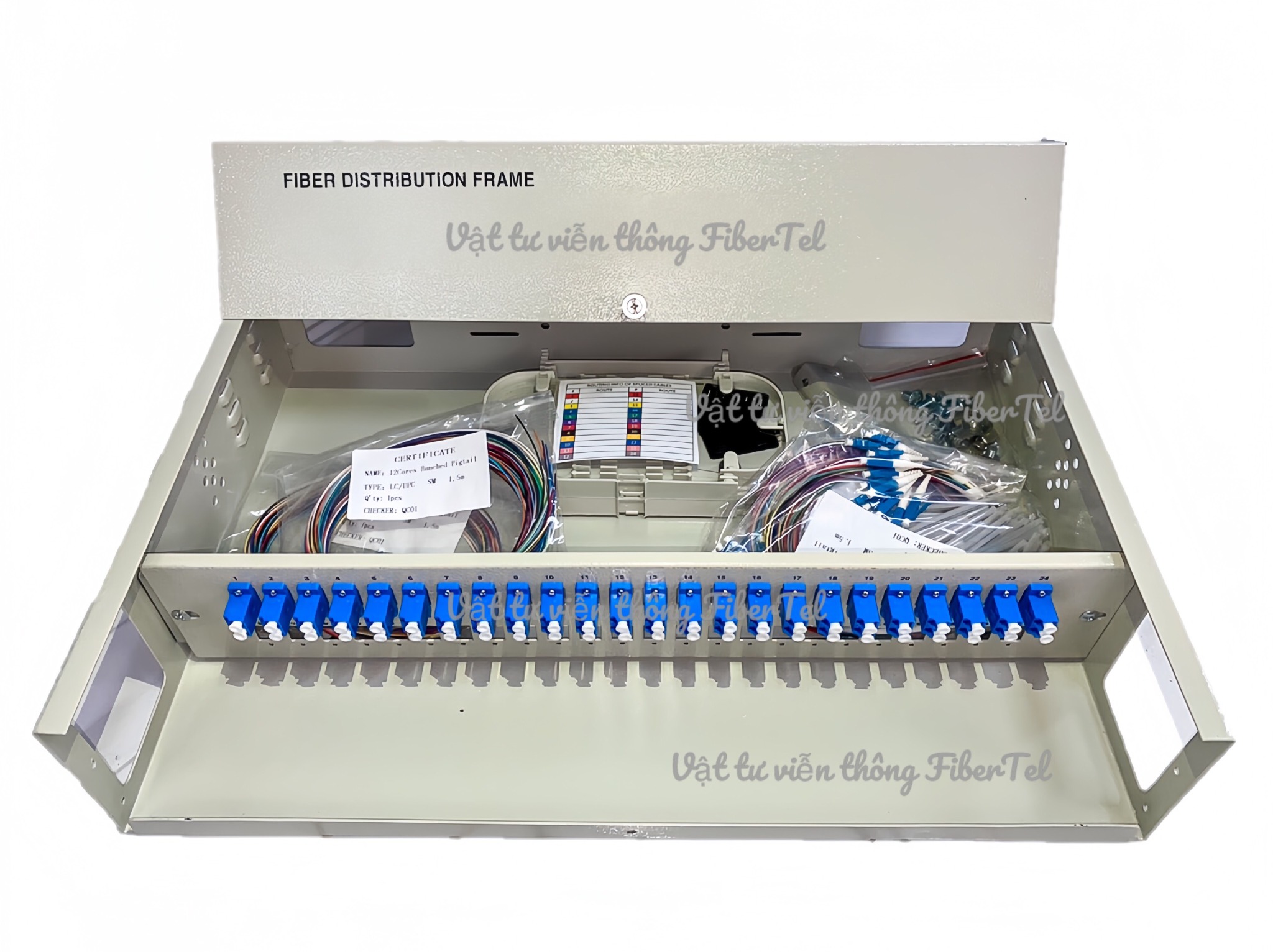 ODF 48Fo indoor sắt chuẩn LC ( single mode, simplex Full phụ kiện ) – FiberTel