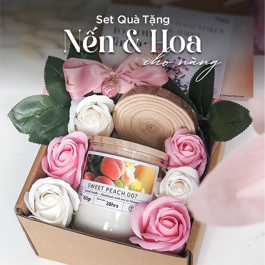 Set Quà Tặng 8/3 20/10 Nến Thơm và Hoa HENY GARDEN Giao Ngay