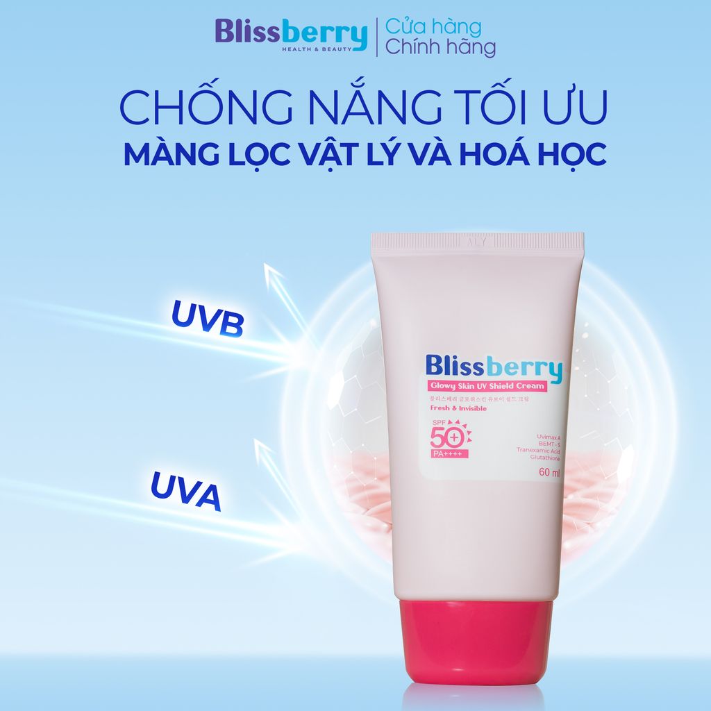 Kem chống nắng phổ rộng Blissberry Glowy Skin UV Shield Cream 60ml