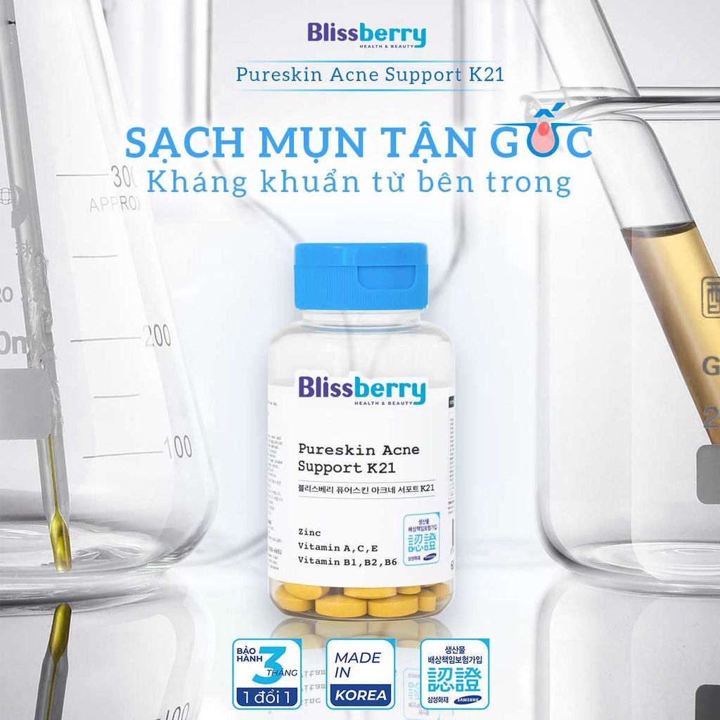Viên uống giảm mụn Blissberry Pureskin Acne Support K21 60V