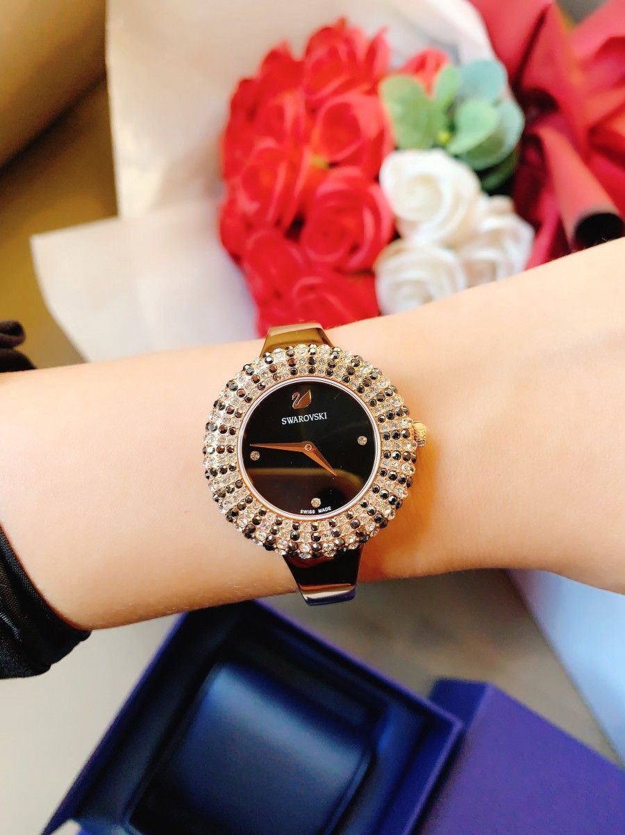 Crystal Rose watch Swiss Made, Metal bracelet, Black, Rose gold-tone f ...