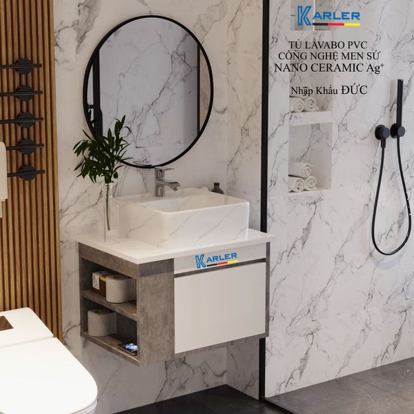 Bộ Tủ Chậu Lavabo PVC Lõi Đặc Màu Vân Gỗ Bồn Đặt Nổi Kích Thước 60x45 ...