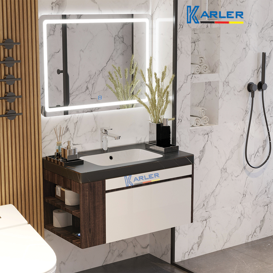 Bộ tủ lavabo pvc màu gỗ đậm bàn đá bồn lavabo âm tràn viền – Kho Thiết ...