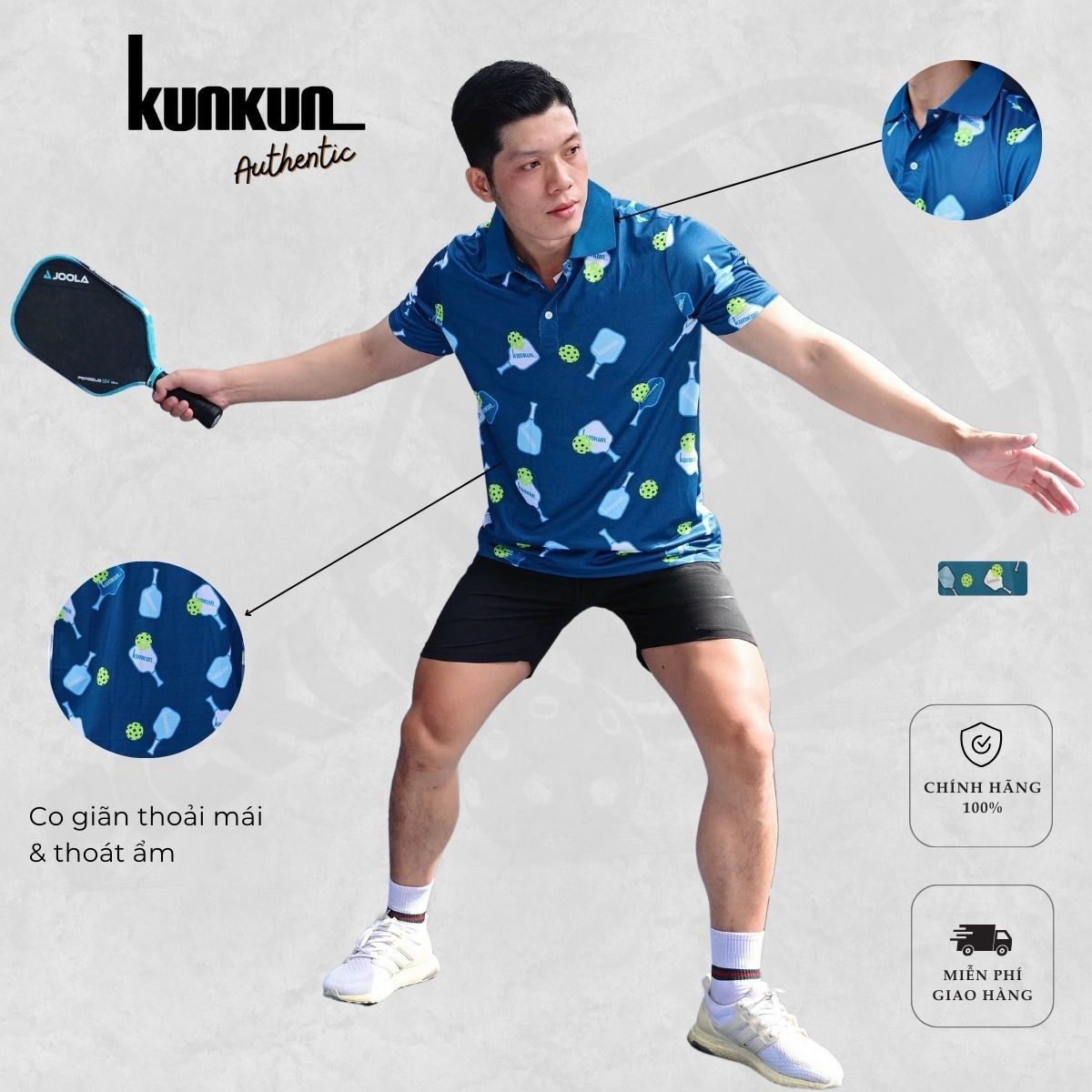 Áo thun Polo Pickleball hình vợt thấm hút mồ hôi, thoải mái vận động, – KunKun