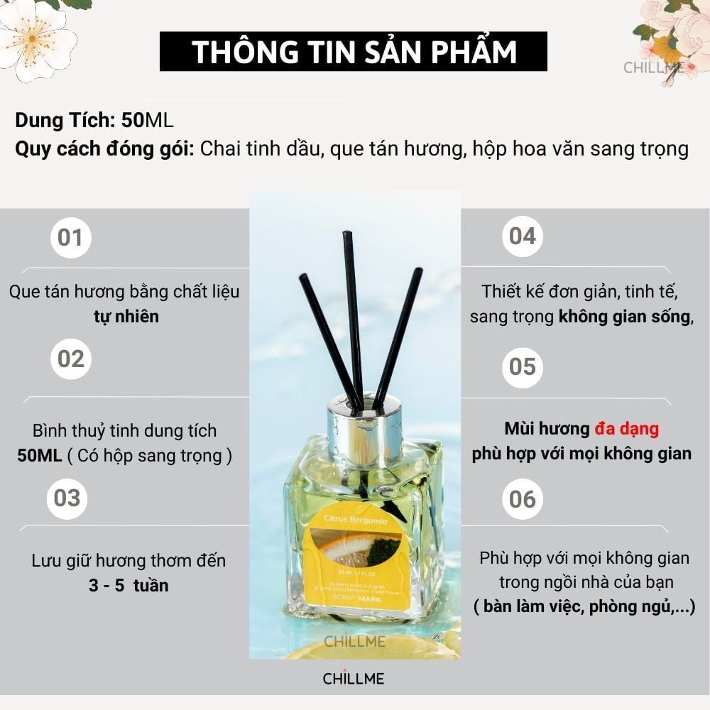 Lọ tinh dầu thơm phòng khuếch tán 50ml Chillme que gỗ hương trái cây k ...