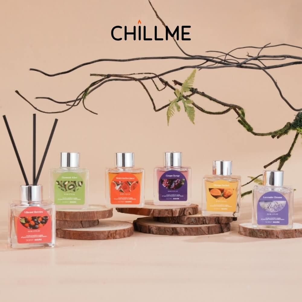 Lọ tinh dầu thơm phòng khuếch tán 50ml Chillme que gỗ hương trái cây k ...