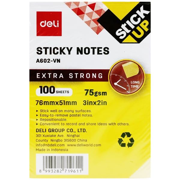 Giấy Note Deli 76 x 51 mm 75gsm - Màu Vàng (100 Tờ) - Nhà Sách CPSchool