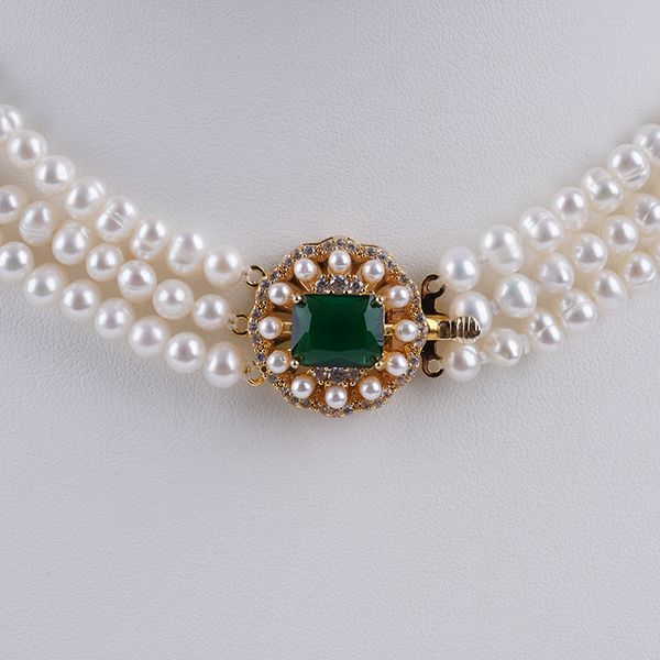 Vòng Cổ Ngọc Trai 3 Dây Ngọc Khoá Ngọc Bích Phong Cách Hoàng Gia