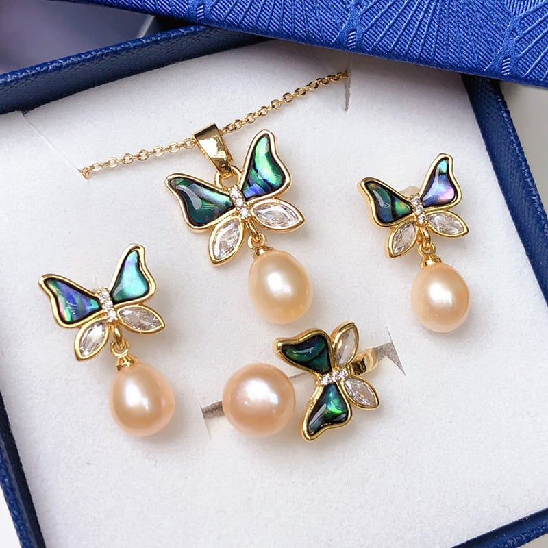 Bộ Set Bạc Vòng cổ + Nhẫn + Bông Tai Dáng Bướm Đính Ngọc Trai Tự Nhiên