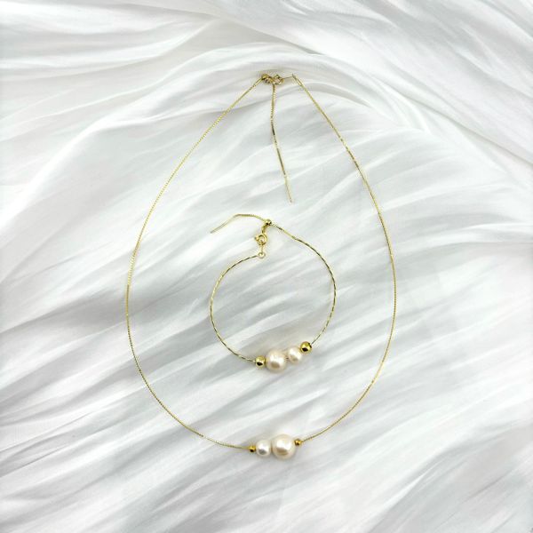 Vòng Cổ Kiềng Choker Bạc s925 Dây Siêu Mịn Mặt 2 Hạt Ngọc Trai Tròn To