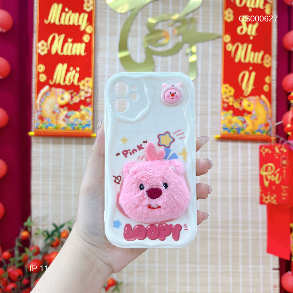Ốp IP 11 gắn thú bông Loopy Pink viền sóng
