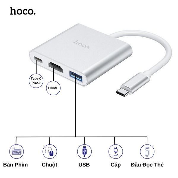 Hub chuyển C sang U + Hdmi + PD Hoco HB14