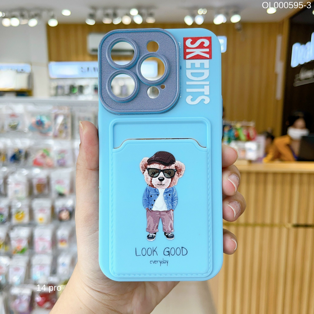 Ốp IP 14 Pro nhựa cứng gấu Teddy ví card