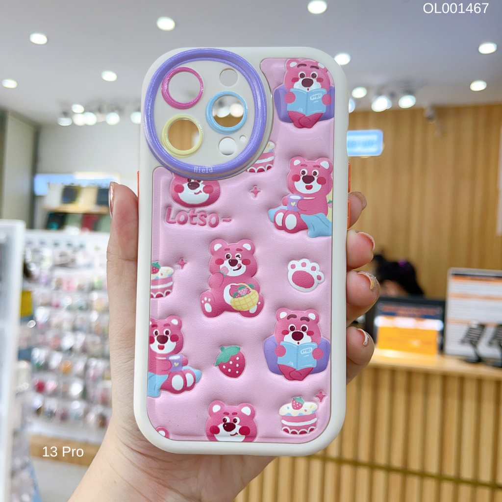 **Ốp IP 13 Pro da phồng nhiều Lotso viền camera tròn