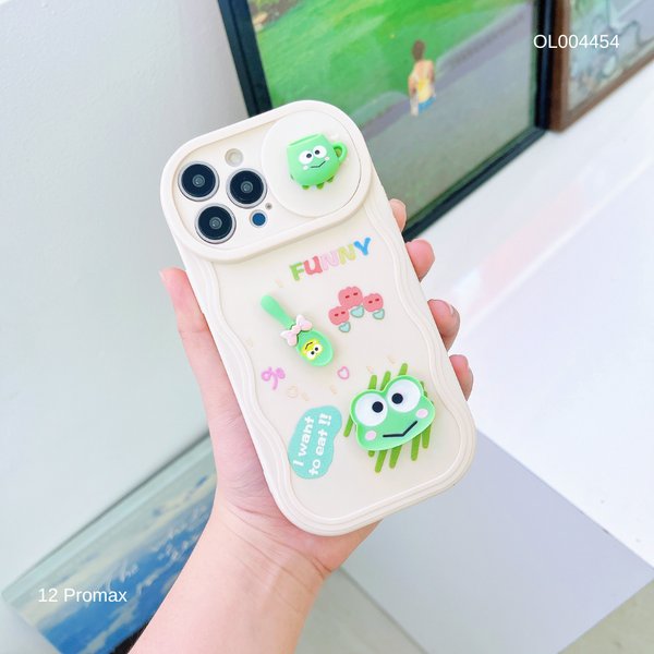 **Ốp IP 12 Pro Max dẻo đính Ếch trượt camera