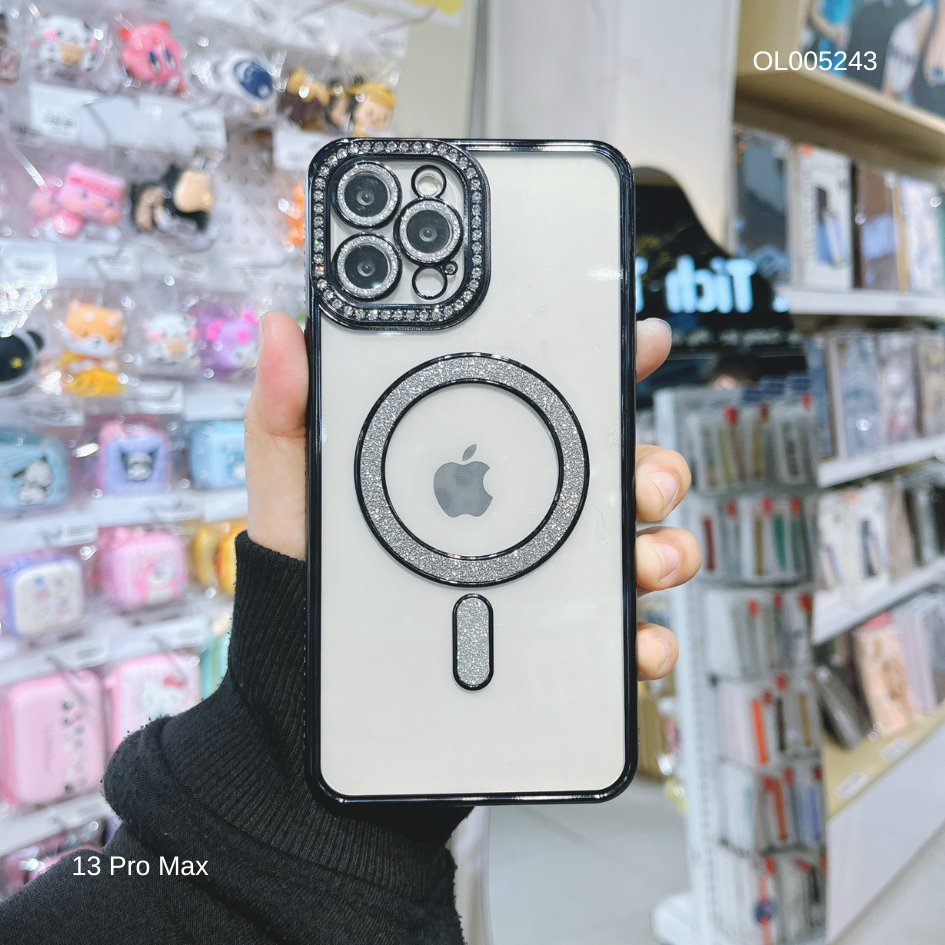 **Ốp IP 13 Pro Max dẻo trong Magsafe đính đá viền xi