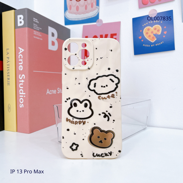 Ốp IP 13 Pro Max lưng dẻo gồ ghề in 3 Gấu Cute