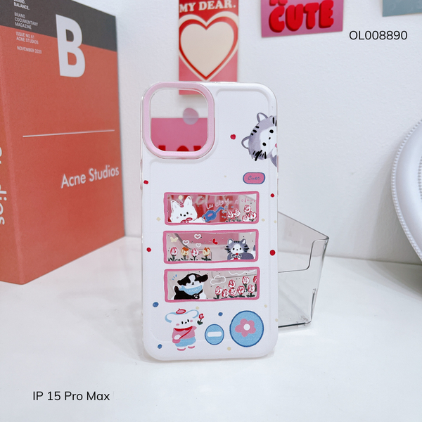 ** Ốp 15 Pro Max dẻo in hình mèo và hoa 3 khung trong