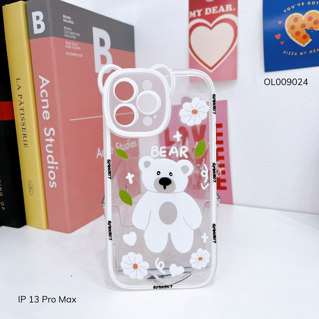 ** Ốp IP 13 Pro Max dẻo trong Bear trắng camera tai gấu