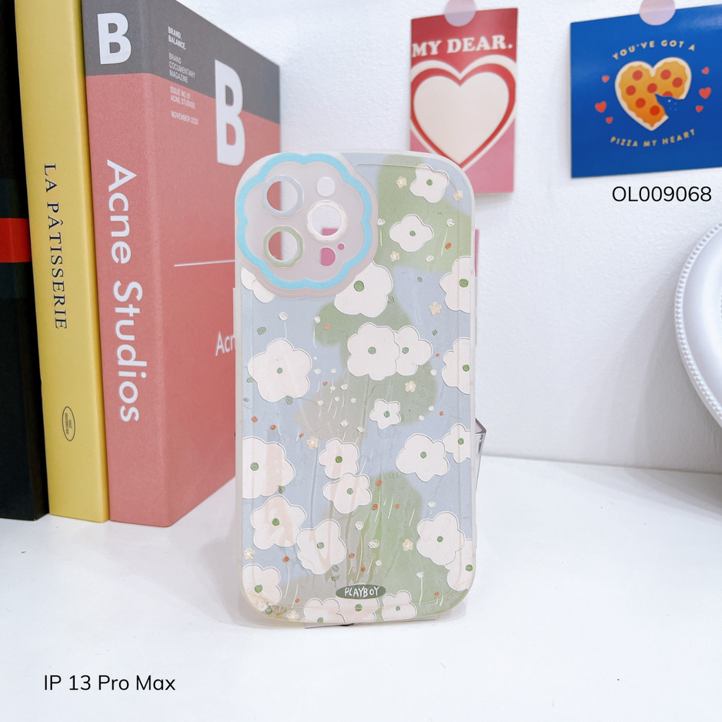 ** Ốp IP 13 Pro Max dẻo in hoa xanh trắng camera hoa