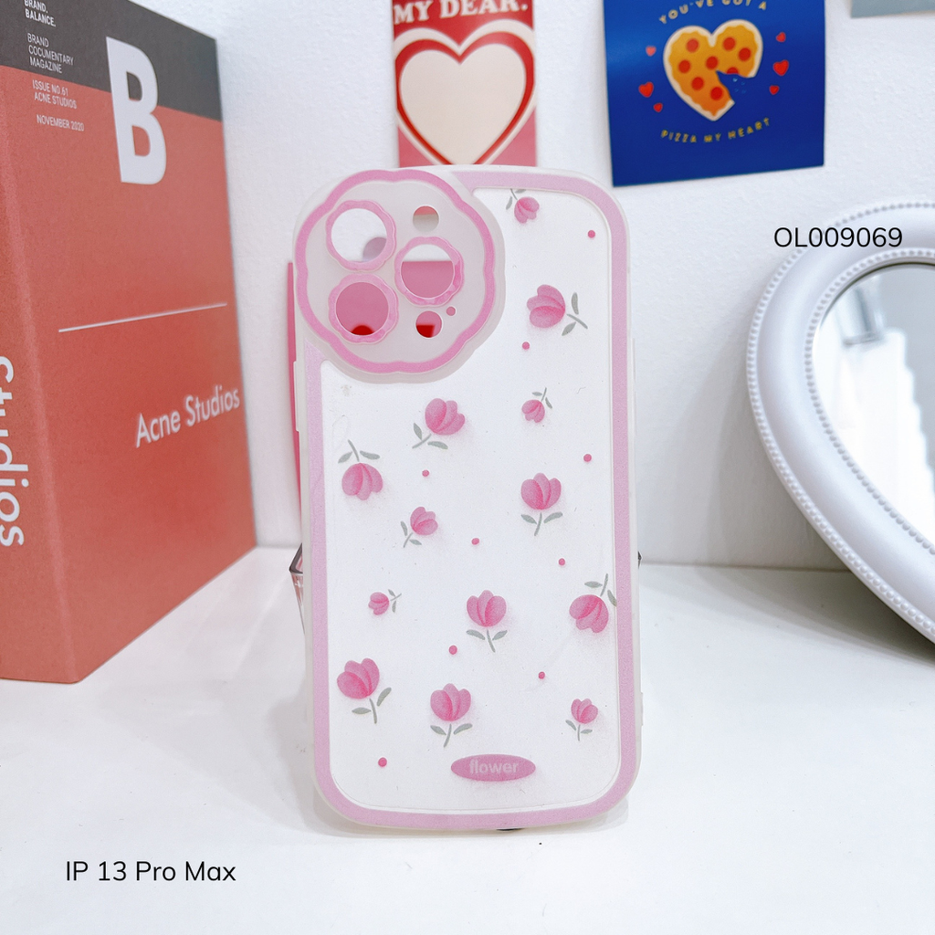 ** Ốp IP 13 Pro Max dẻo in nhiều Tulip nền trắng camera hoa