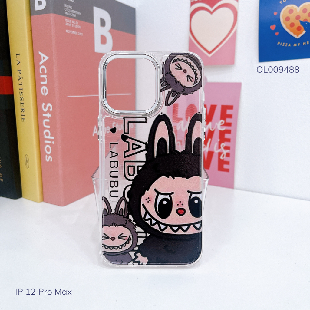 Ốp IP 12 Pro Max dẻo trong in Labubu nút bạc
