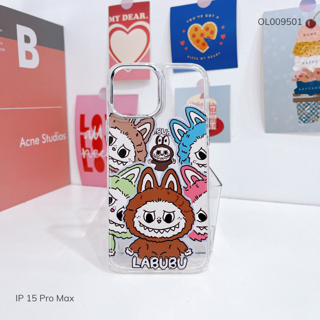 Ốp IP 15 Pro Max dẻo trong Labubu nhiều màu nâu giữa