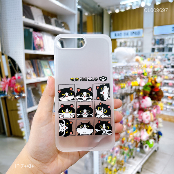 Ốp IP 7+/8+ dẻo 9 icon mèo đen Hello viền nhám