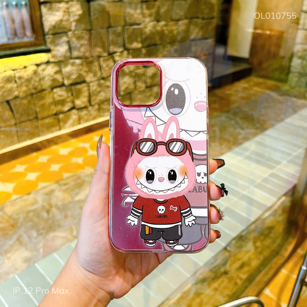 ** Ốp IP 12 Pro Max Labubu hồng đeo kính 2 lớp viền