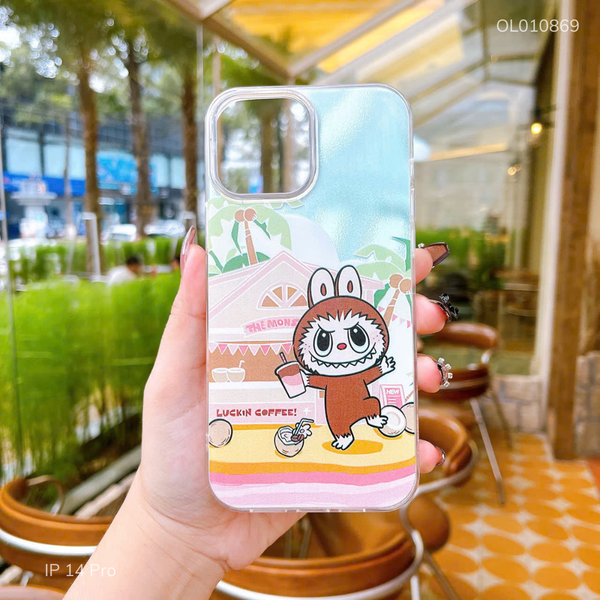 Ốp IP 14 Pro sóng bạc Labubu nâu Luckin coffee