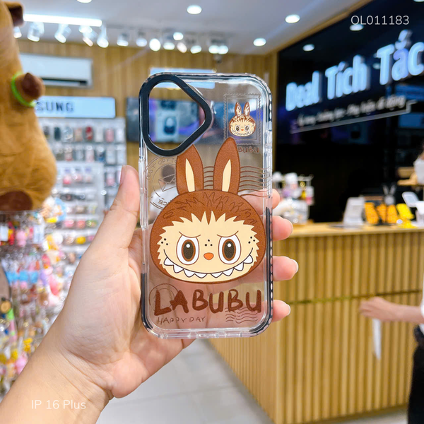 Ốp IP 16 Plus dẻo trong mặt Labubu nâu phối viền