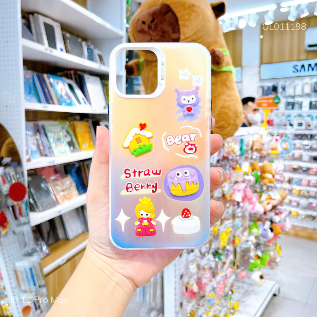 Ốp IP 11 Pro Max nhám phản quang đính sticker Strawberry