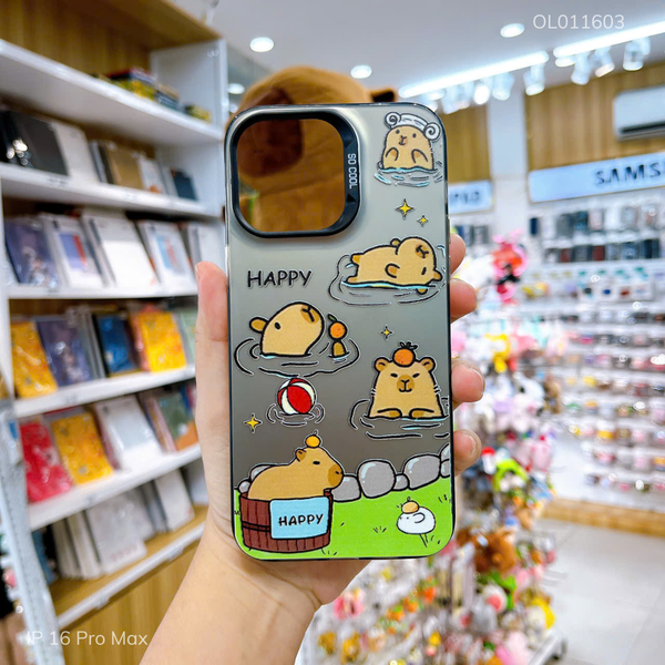 Ốp IP 16 Pro Max nhám bạc Capybara tắm Happy