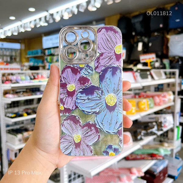 Ốp IP 13 Pro Max in hoa tím xanh sơn dầu nhũ camera