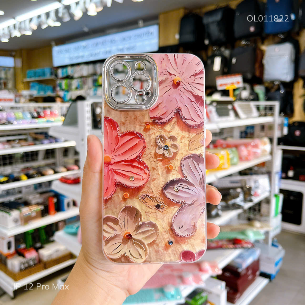 Ốp IP 12 Pro Max in hoa cam sơn dầu nhũ camera