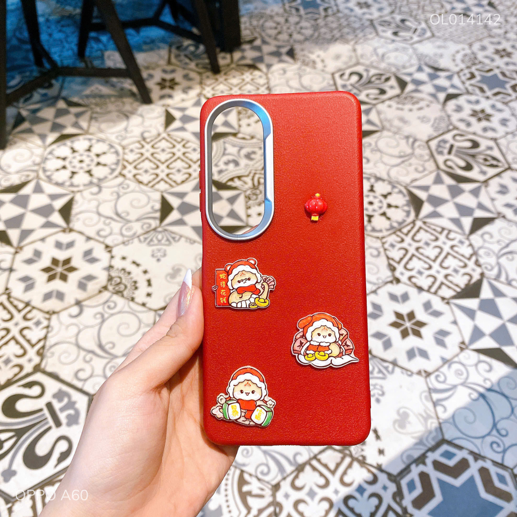 ** Ốp Oppo A60 dẻo vân giả da đính 3 sticker rắn chipi