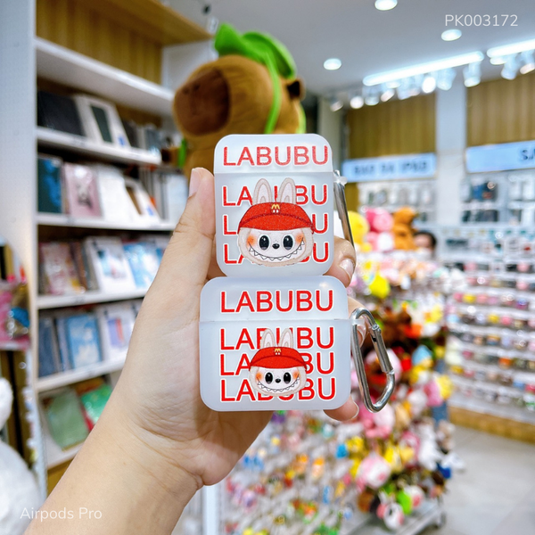 Case Airpods Pro dẻo Labubu nón đỏ nền trắng
