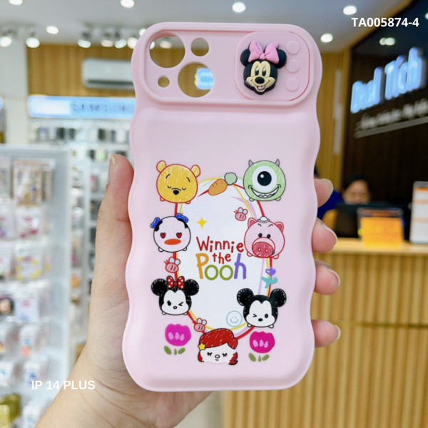 **Ốp IP 14 Plus dẻo camera trượt đính sticker viền sóng