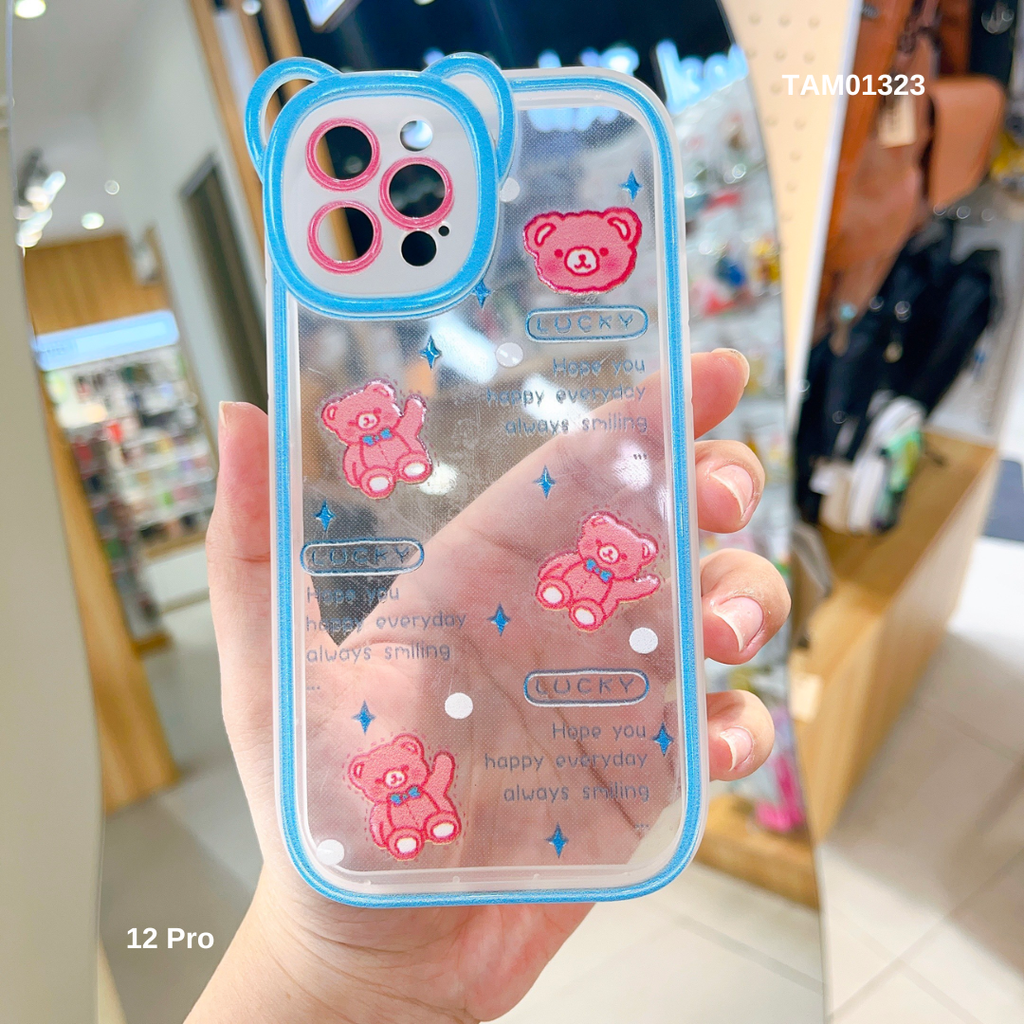 **Ốp IP 12 Pro dẻo trong camera tai gấu nhiều hình
