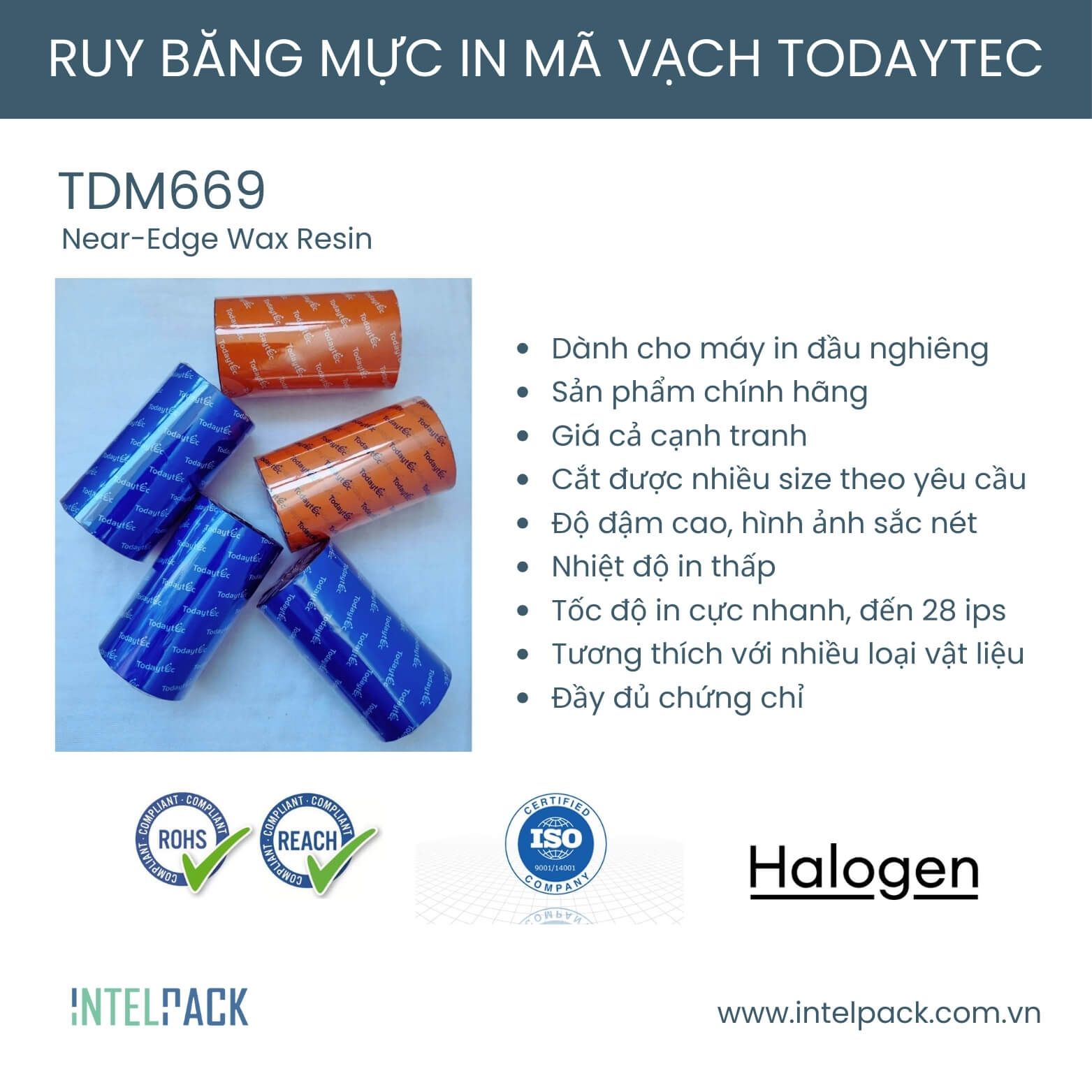 Ruy băng mực in mã vạch Wax Resin đầu nghiêngTDM669 từ Todaytec – INTELPACK