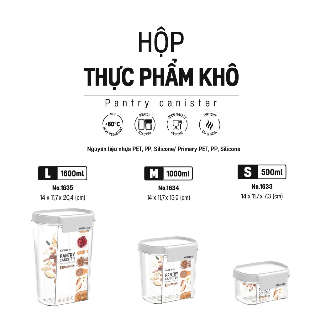 Hộp thực phẩm khô (500ml), DUY TÂN, nhựa PP, PET bảo quản thực phẩm kh