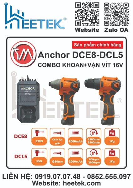 Anchor Combo DCE8 – DCL5 Máy khoan 10mm và vặn vít 16V nhỏ gọn, tiện l ...