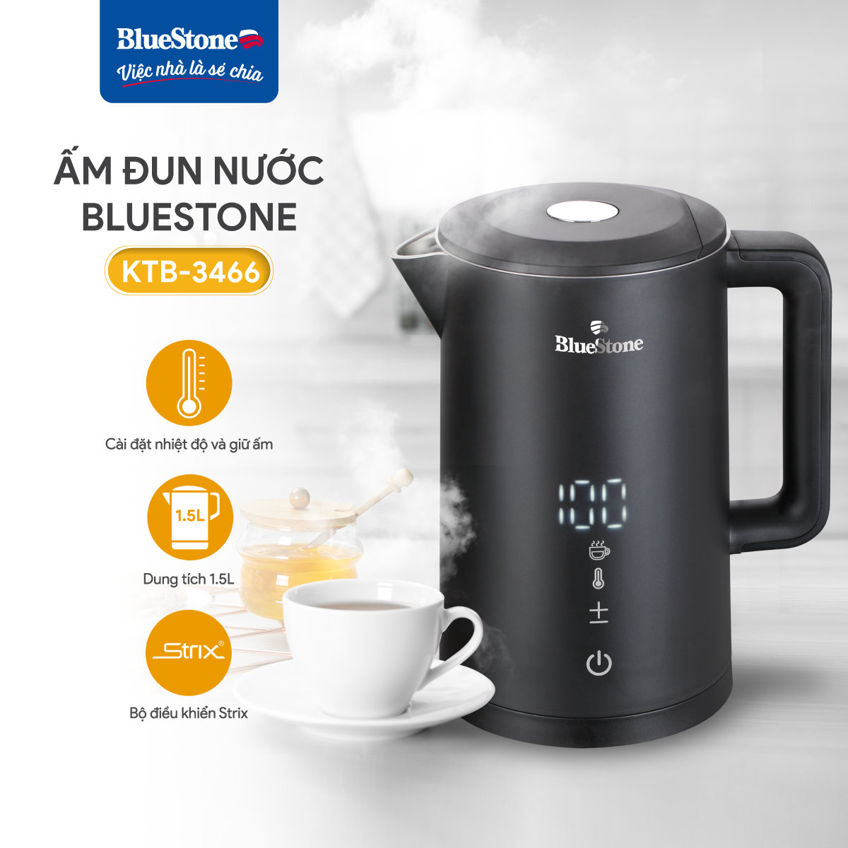 Ấm Siêu Tốc BlueStone KTB-3466 2 Lớp, Cảm Ứng Đèn Led, 1.5 Lít 2200W