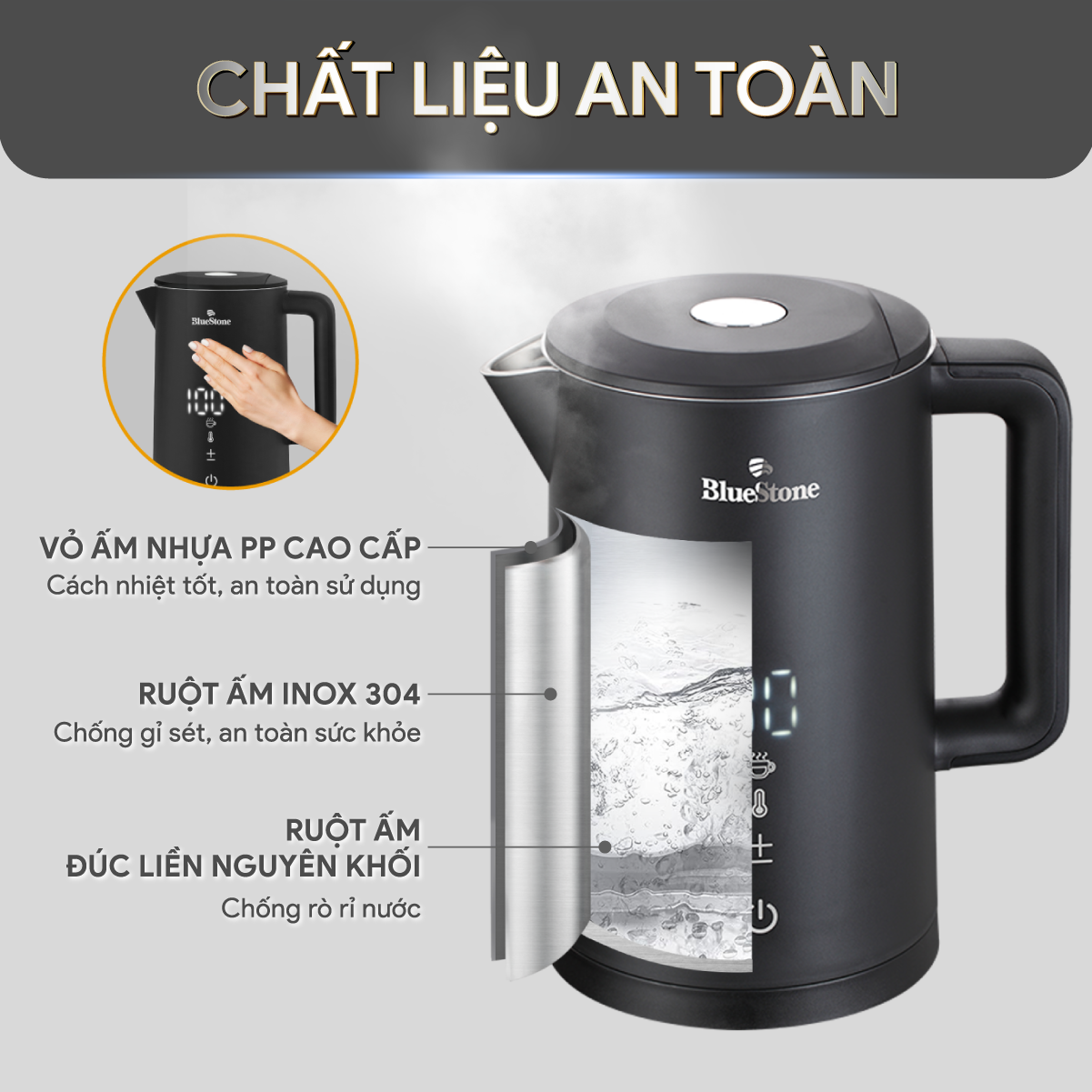 Ấm Siêu Tốc BlueStone KTB-3466 2 Lớp, Cảm Ứng Đèn Led, 1.5 Lít 2200W