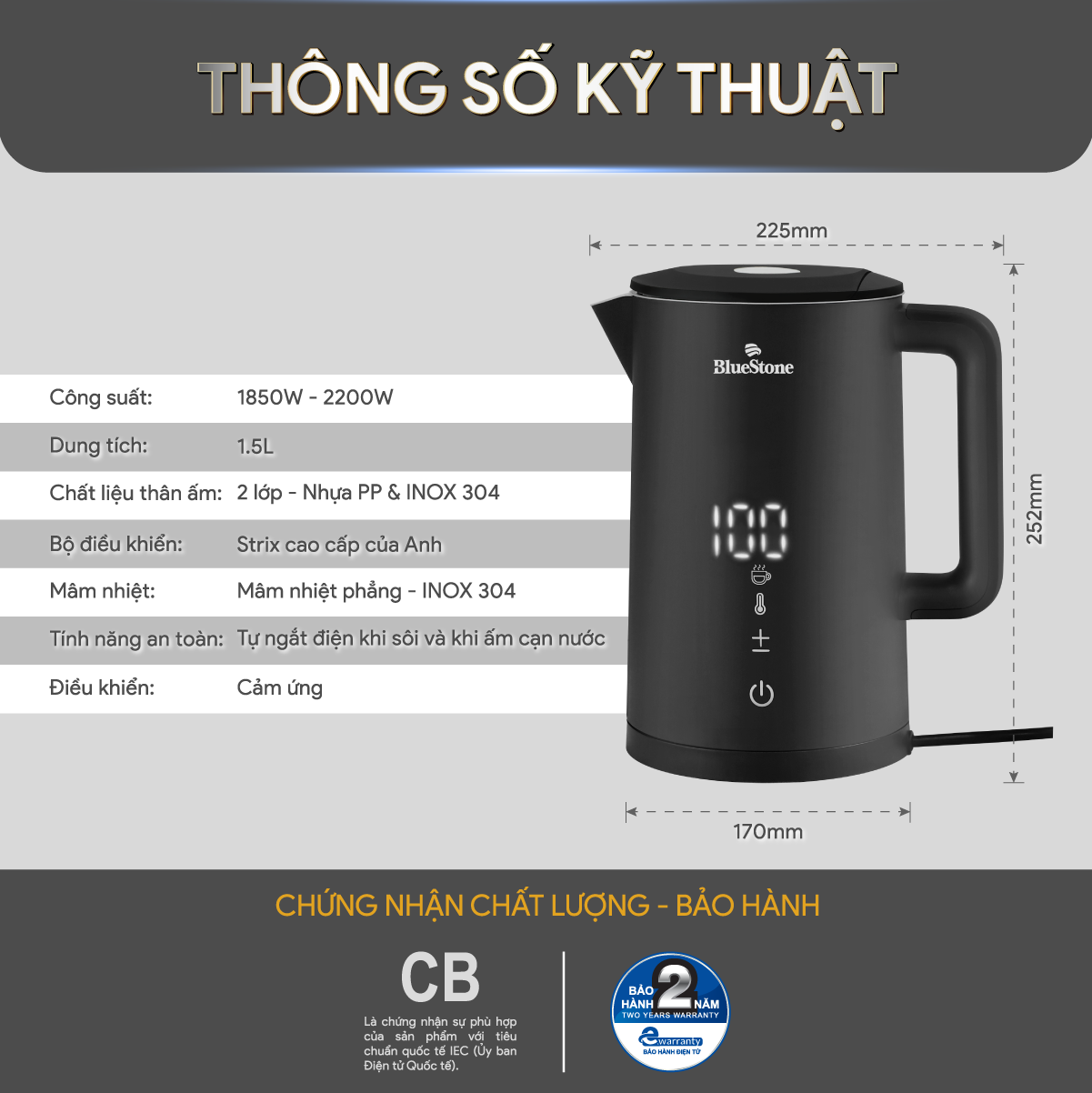 Ấm Siêu Tốc BlueStone KTB-3466 2 Lớp, Cảm Ứng Đèn Led, 1.5 Lít 2200W