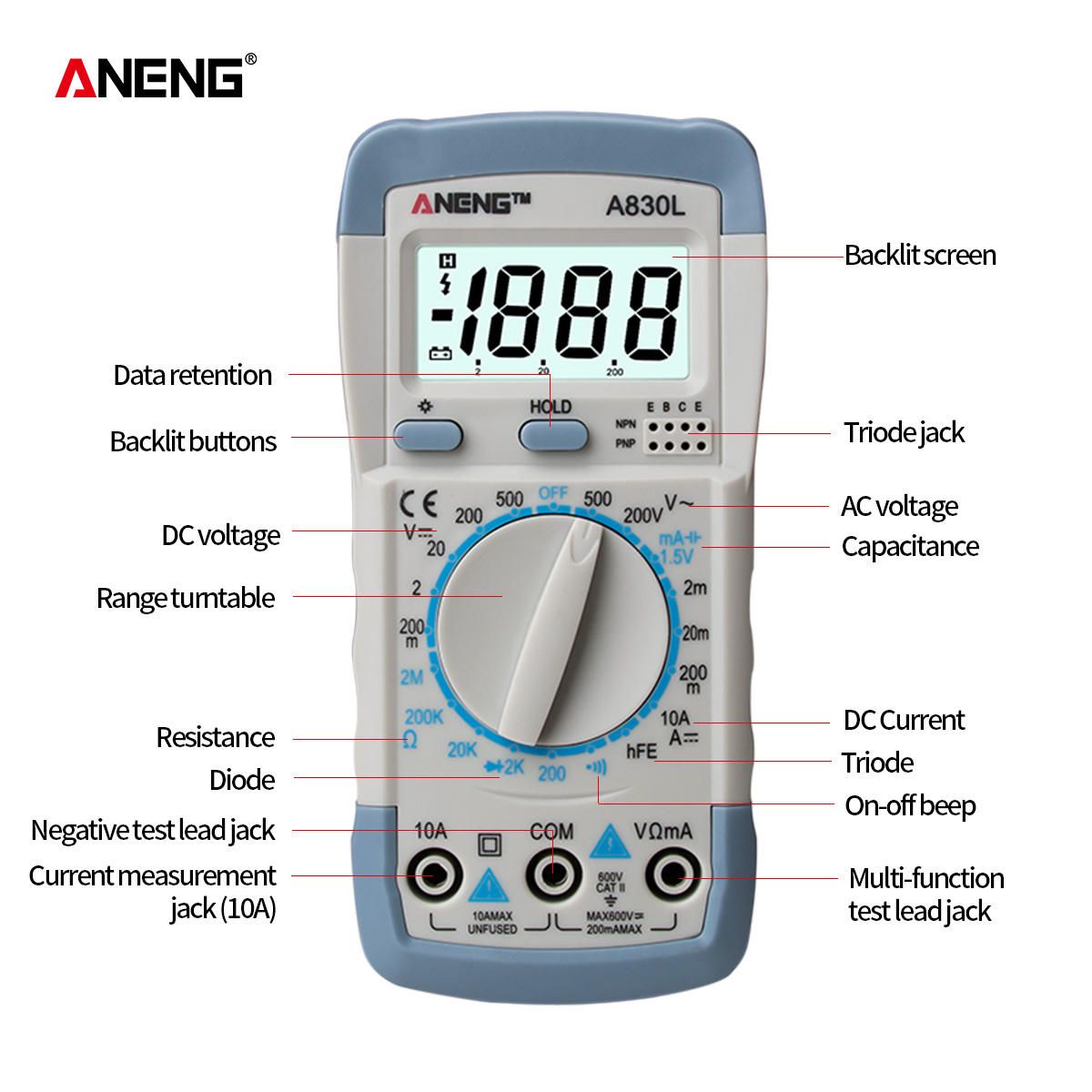 Máy Đo Điện Áp Aneng A830l,Dụng Cụ Kiểm Tra Điện Áp Ac/dc Tự Động,Vạn ...