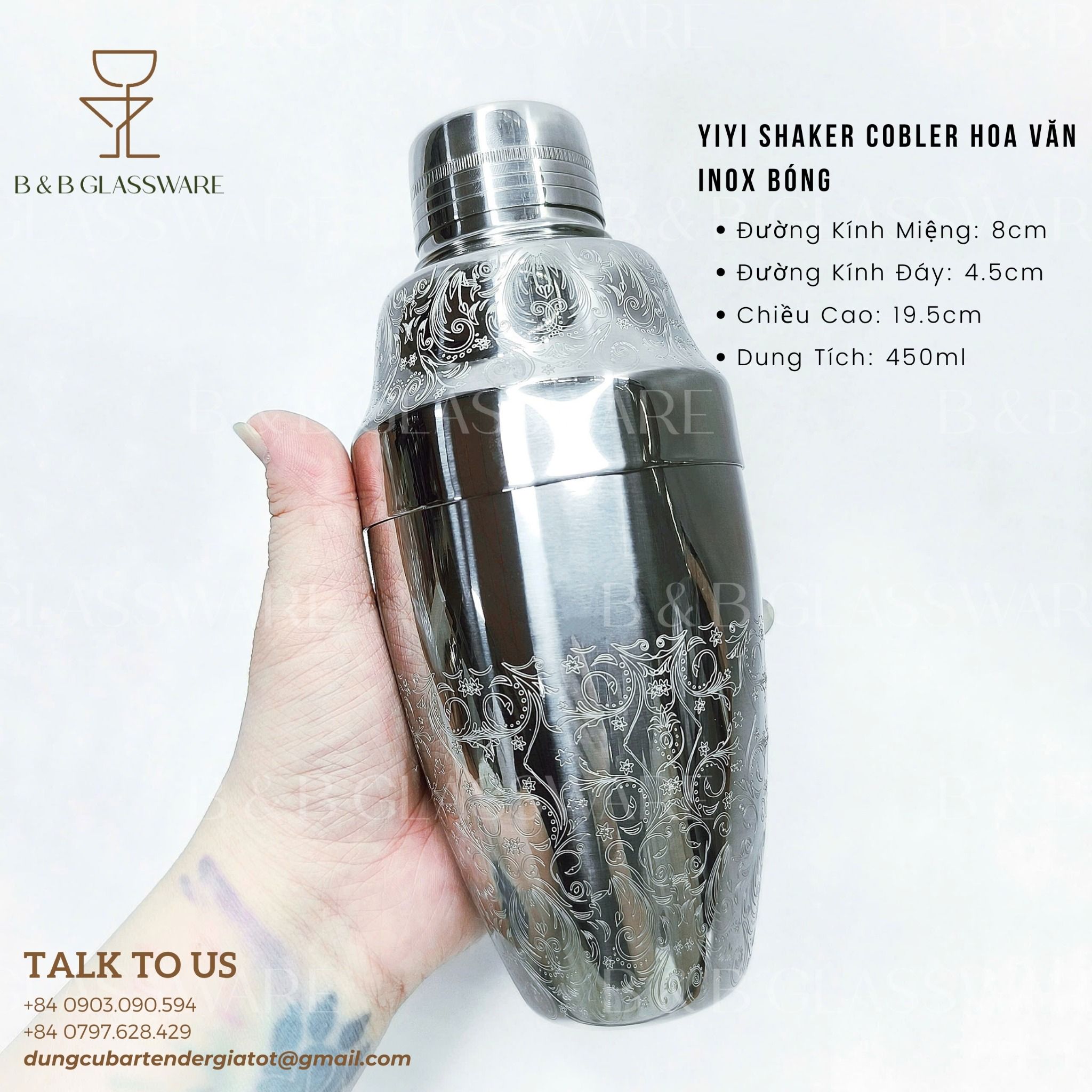 YiYi Cobler Shaker Hoa Văn Inox Bóng – B&B Supplier