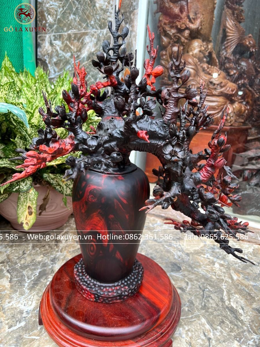 Bình hoa mai phú quý gỗ trắc đỏ đen kích thước cao 62cm ngang 60cm sâu – Gỗ La Xuyên